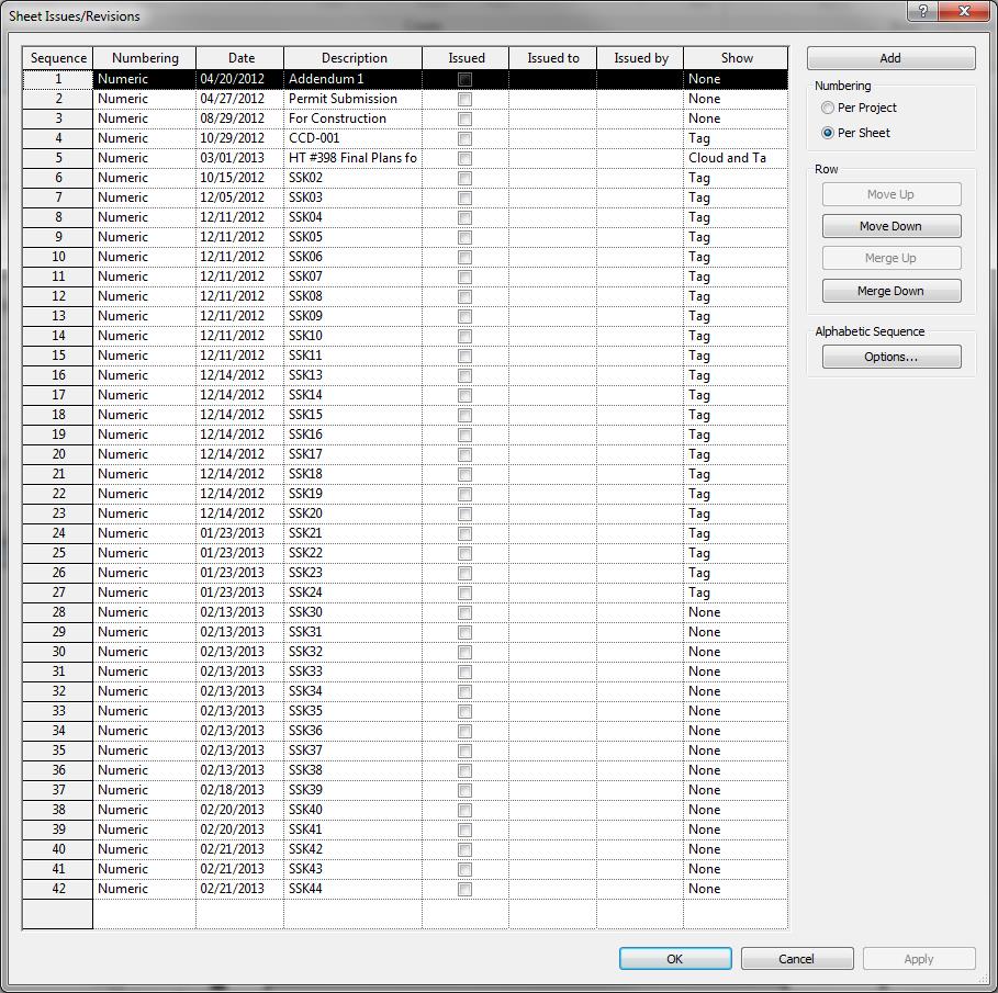 RevitCity.com | Revision schedule showing revision sequence numbers with empty descriptions